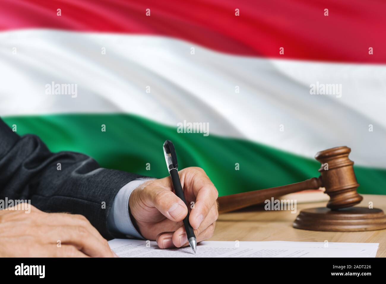 Judge writing on paper in courtroom with Hungary flag background ...