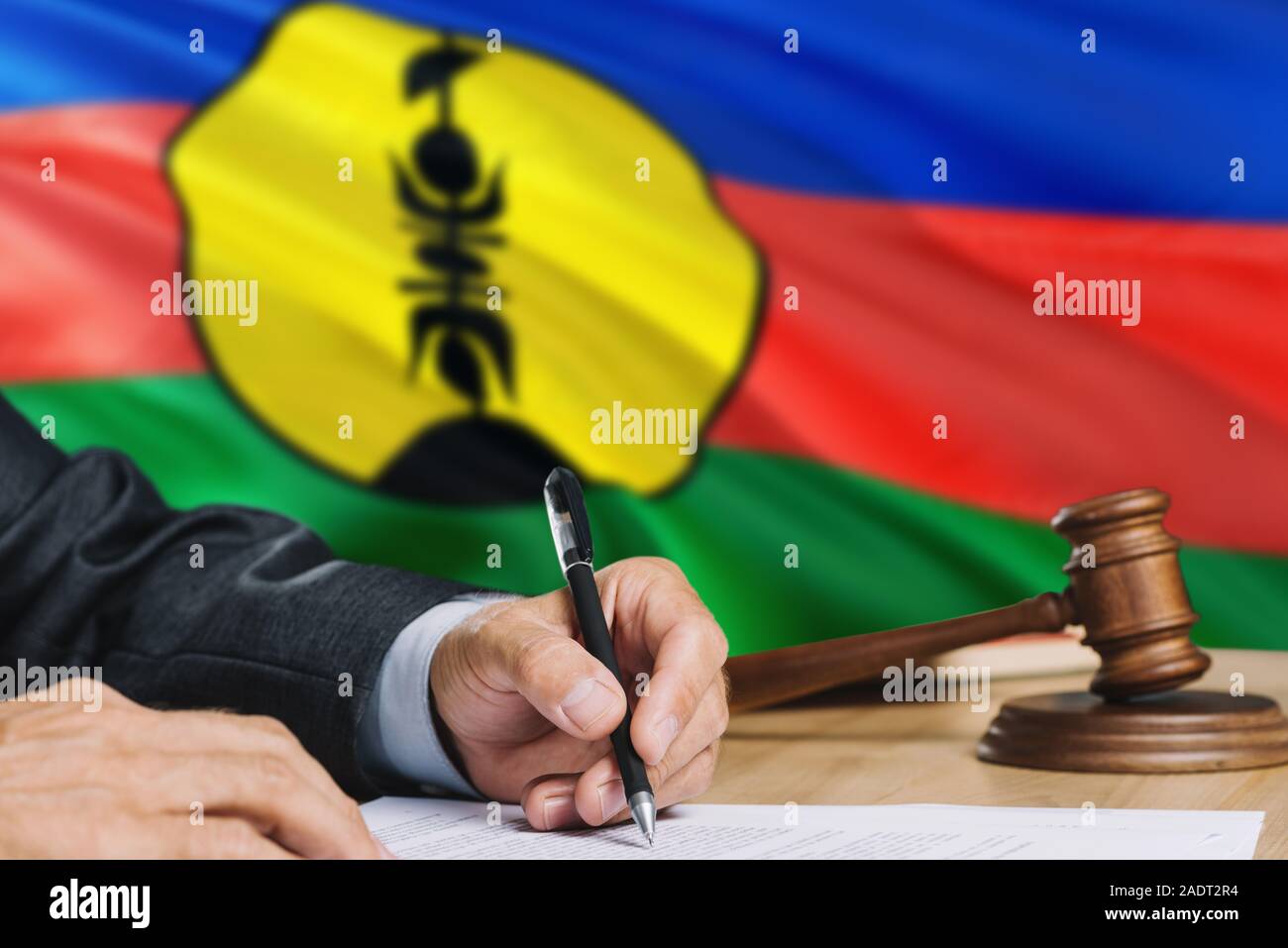 Judge writing on paper in courtroom with New Caledonia flag background ...