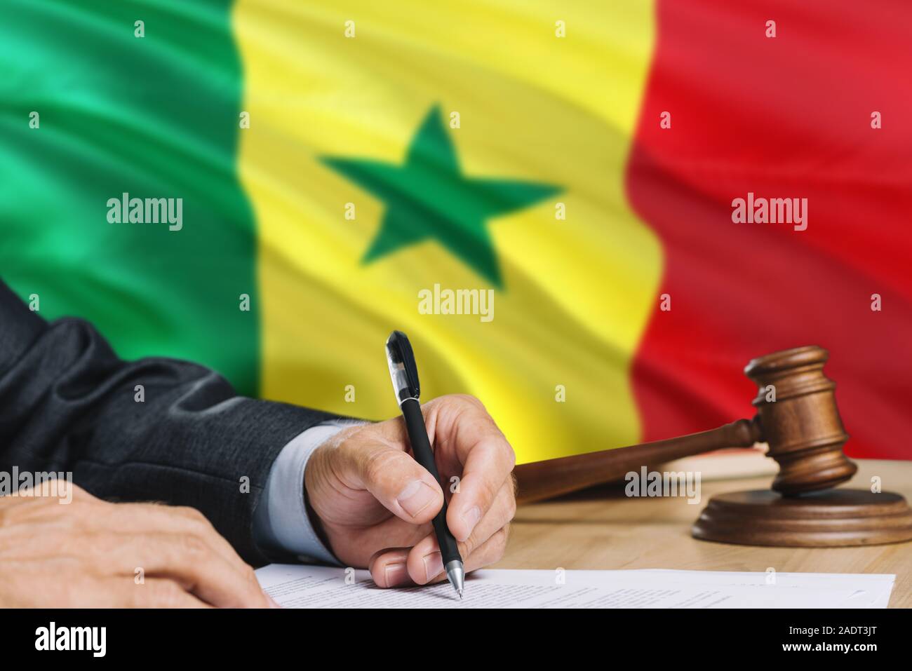 Judge writing on paper in courtroom with Senegal flag background ...