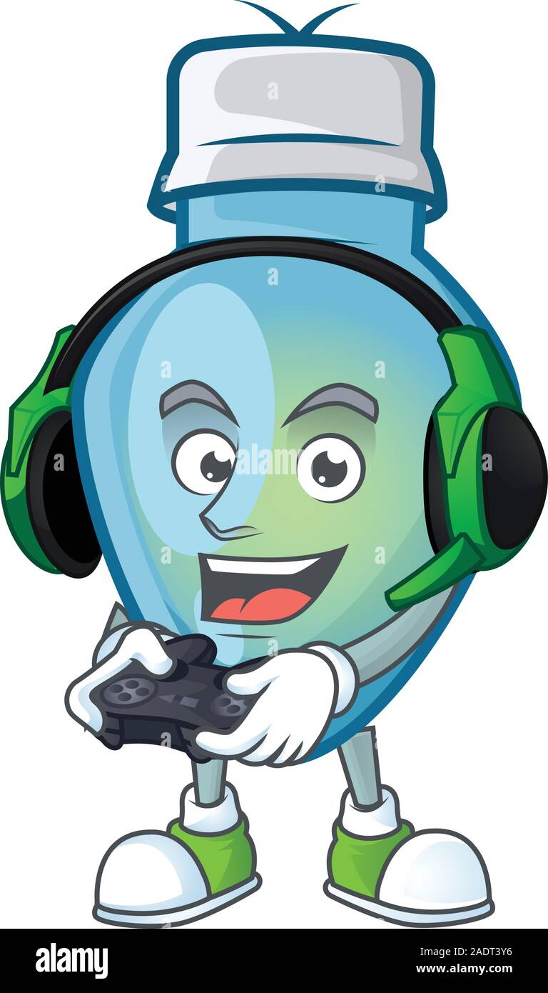 Gamer blue christmas bulb cartoon character with headphone and ...