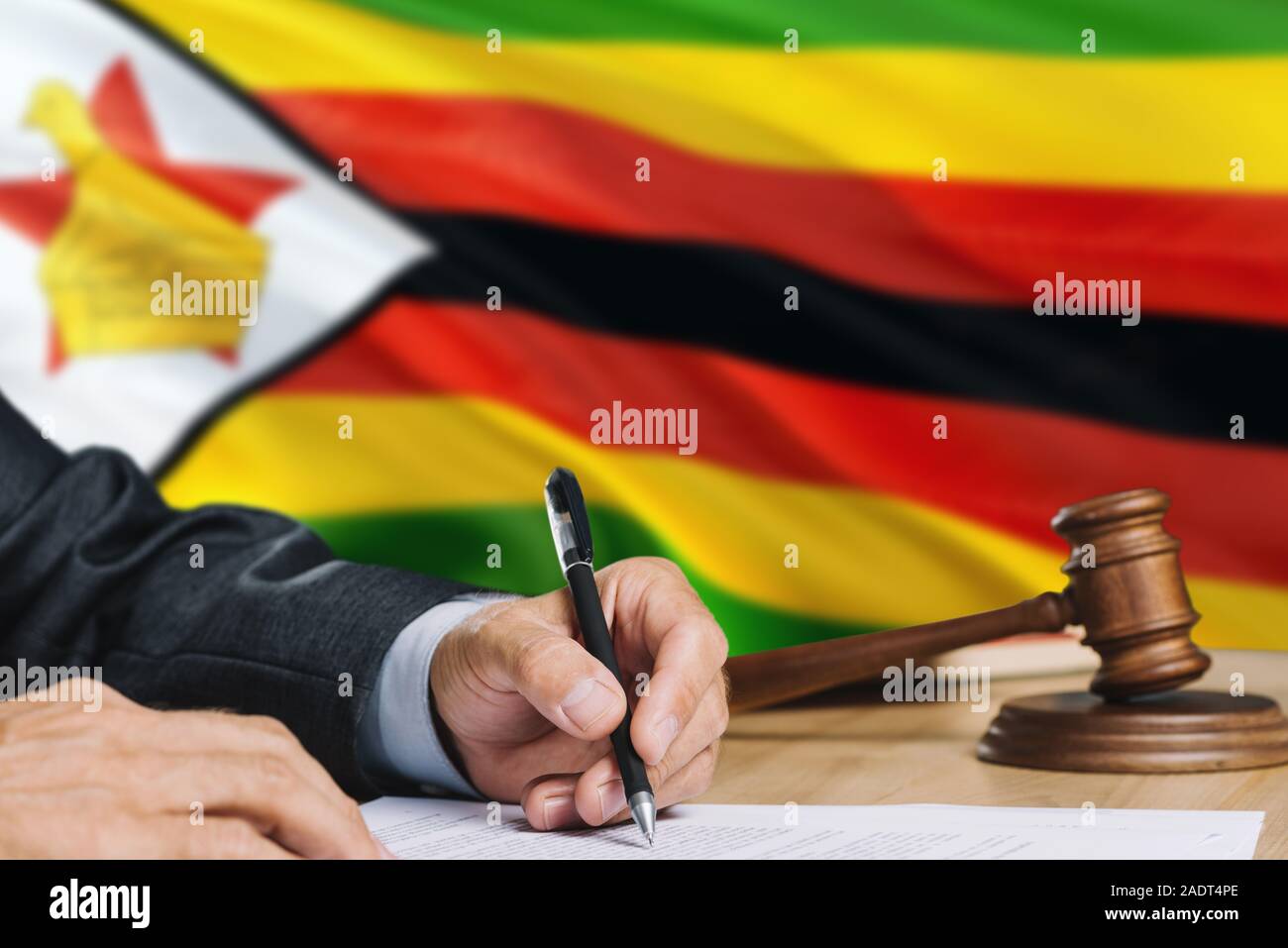 Judge writing on paper in courtroom with Zimbabwe flag background ...