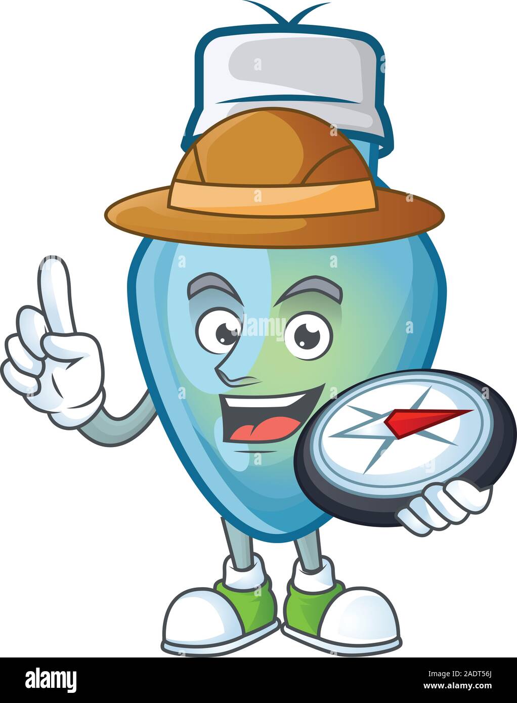 Explorer blue christmas bulb cartoon character holding a compass Stock ...