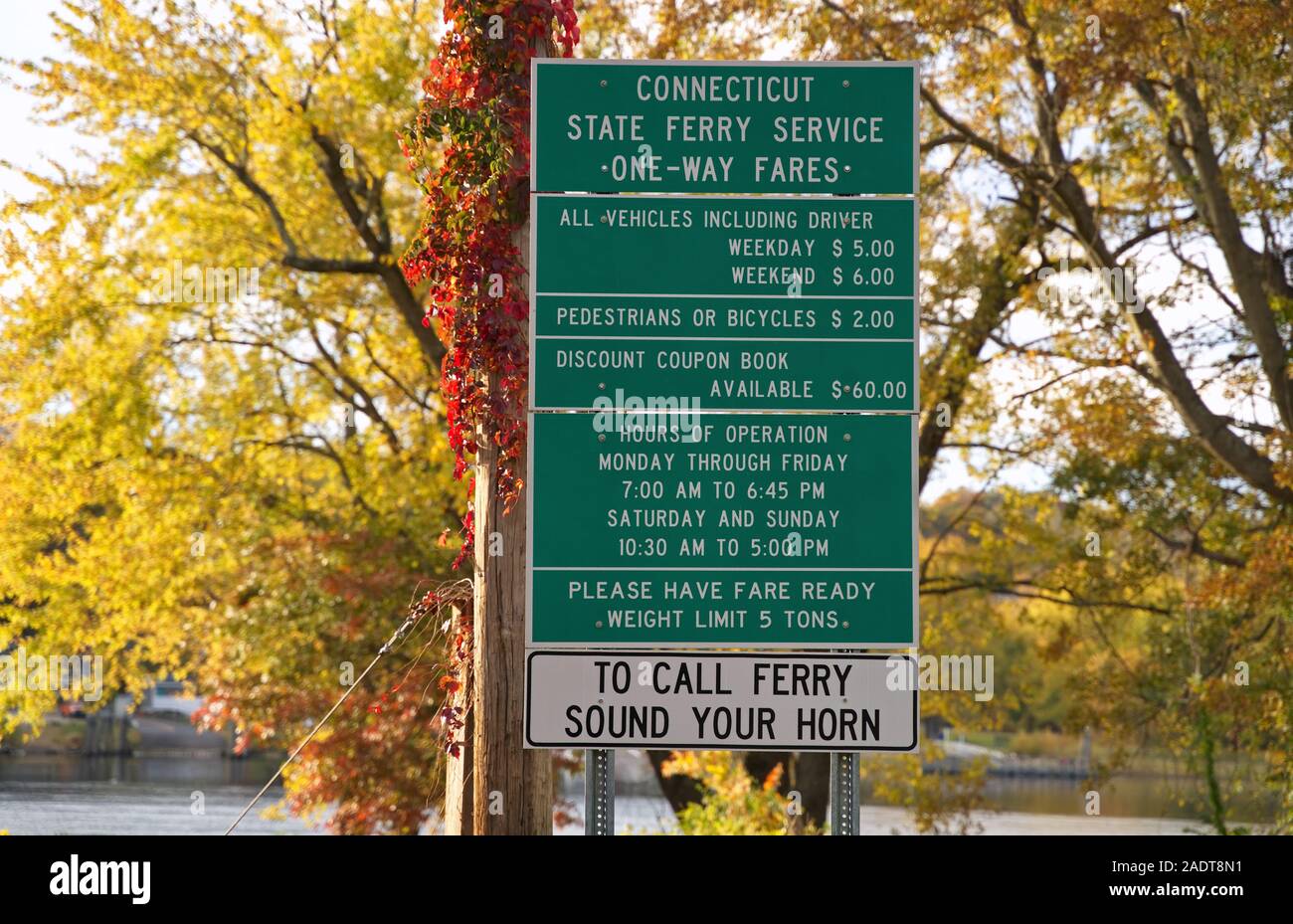 Glastonbury, CT USA. Oct 2019. Connecticut State Ferry Service sign ...