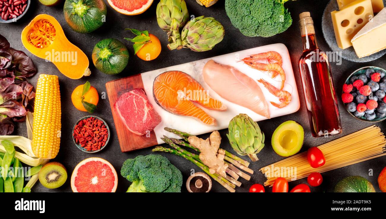 Food panorama. Meat, fish, chicken and seafood, vegetables and fruits ...
