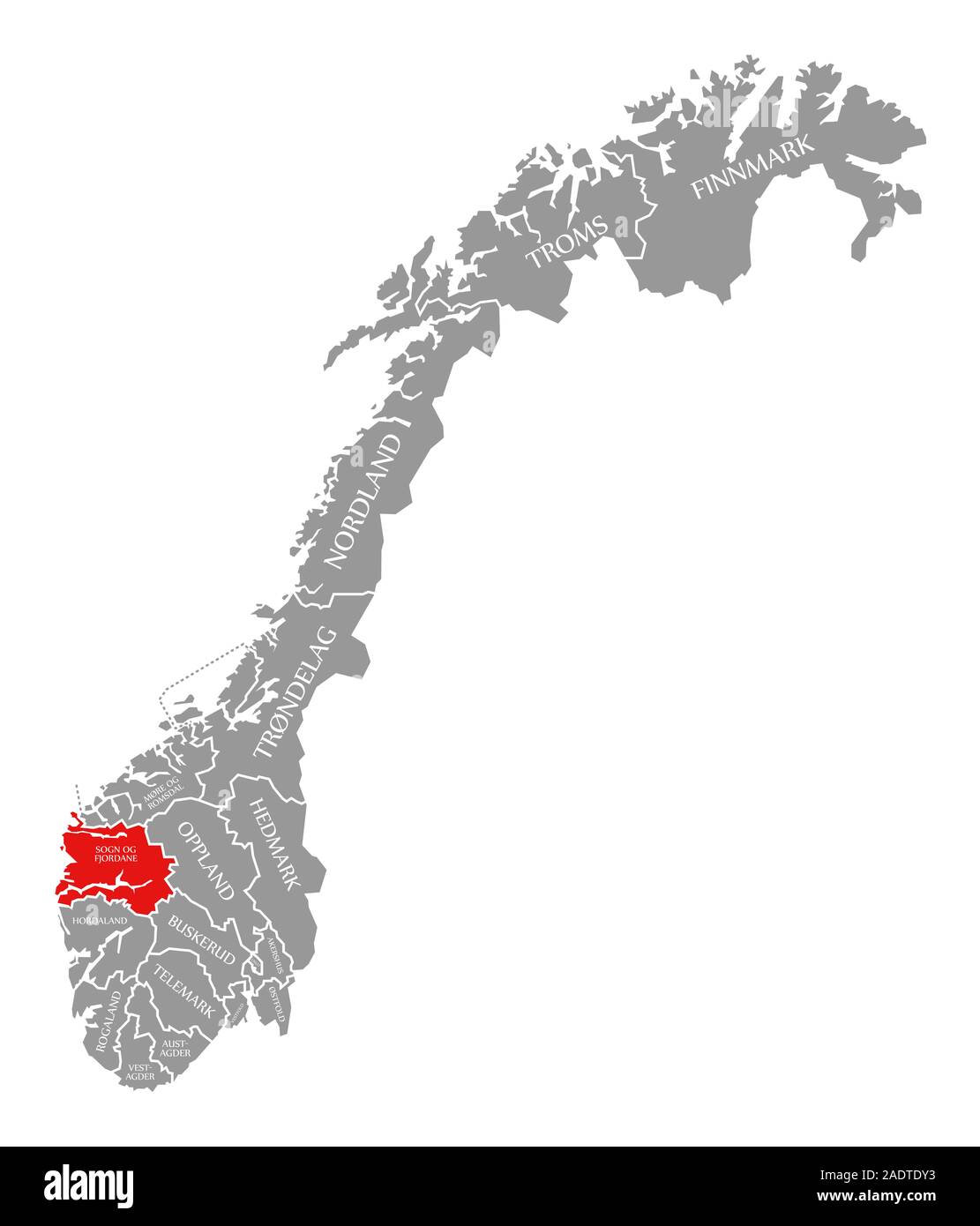 Sogn og Fjordane red highlighted in map of Norway Stock Photo - Alamy