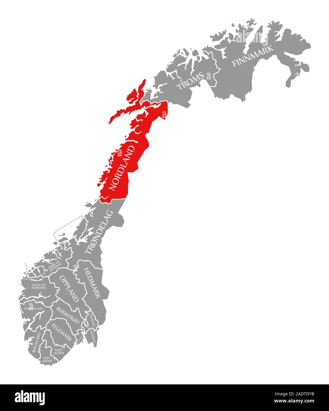 Nordland red highlighted in map of Norway Stock Photo - Alamy