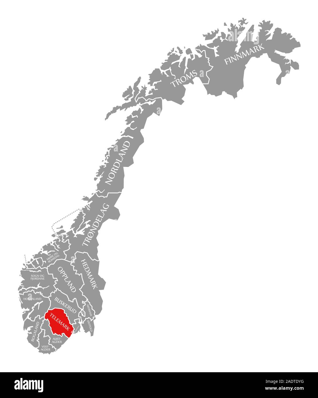Telemark red highlighted in map of Norway Stock Photo - Alamy