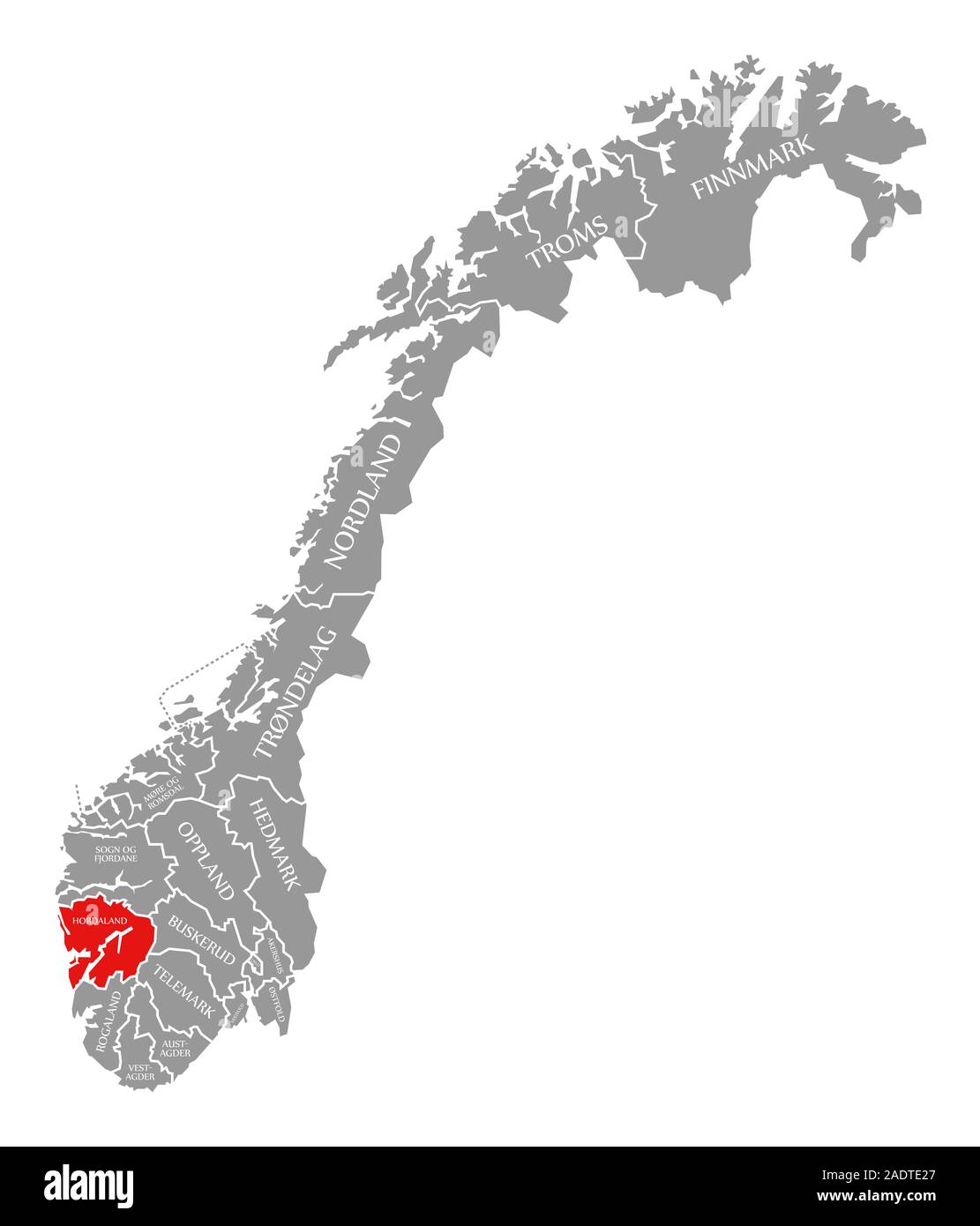 Hordaland red highlighted in map of Norway Stock Photo - Alamy