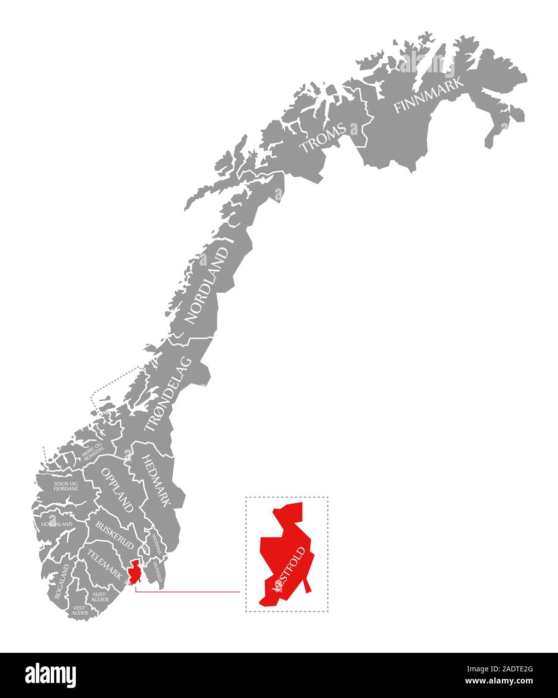 Vestfold red highlighted in map of Norway Stock Photo - Alamy