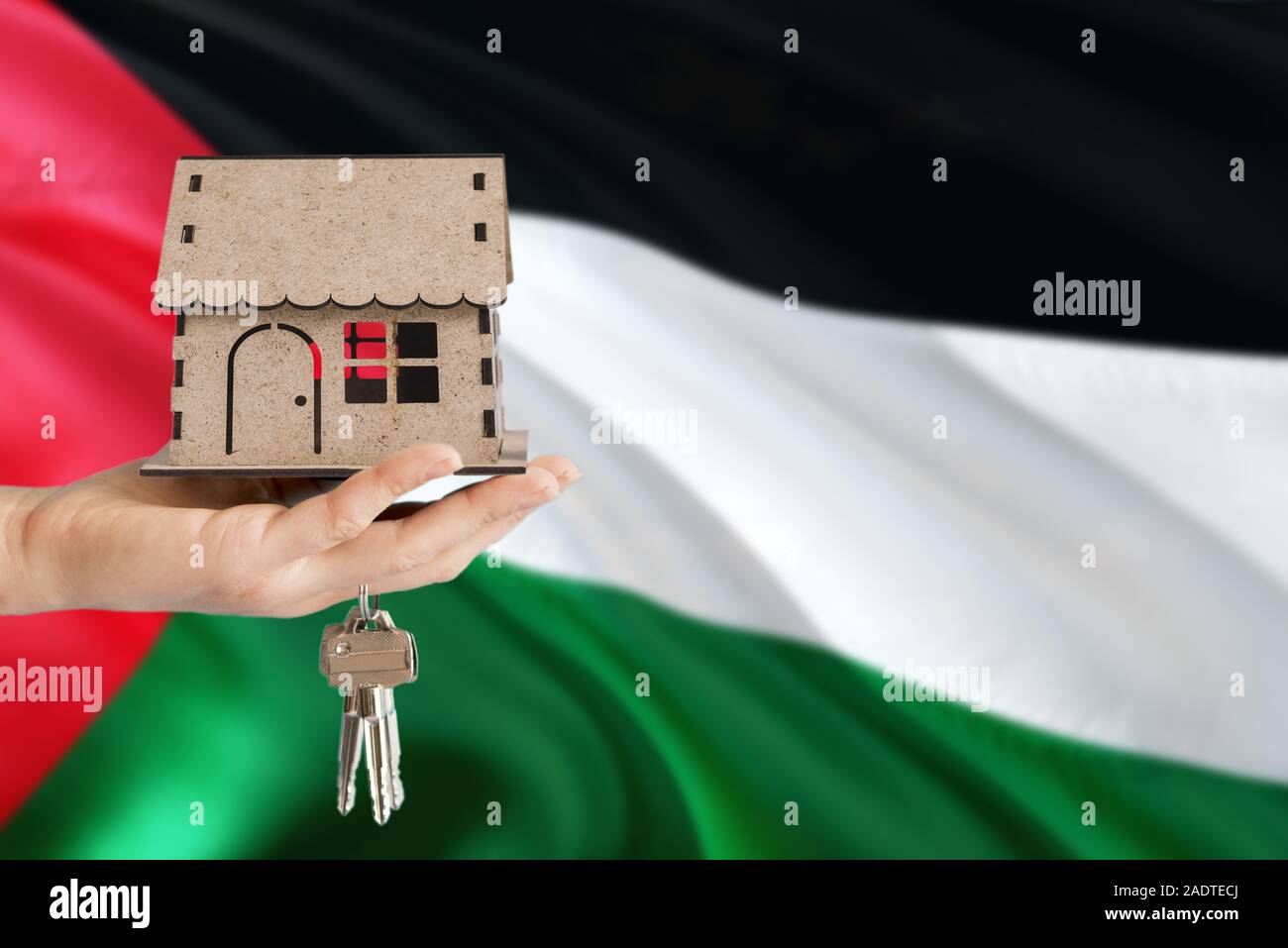 Woman hand holding wooden house and keys with hand. Palestine flag with ...