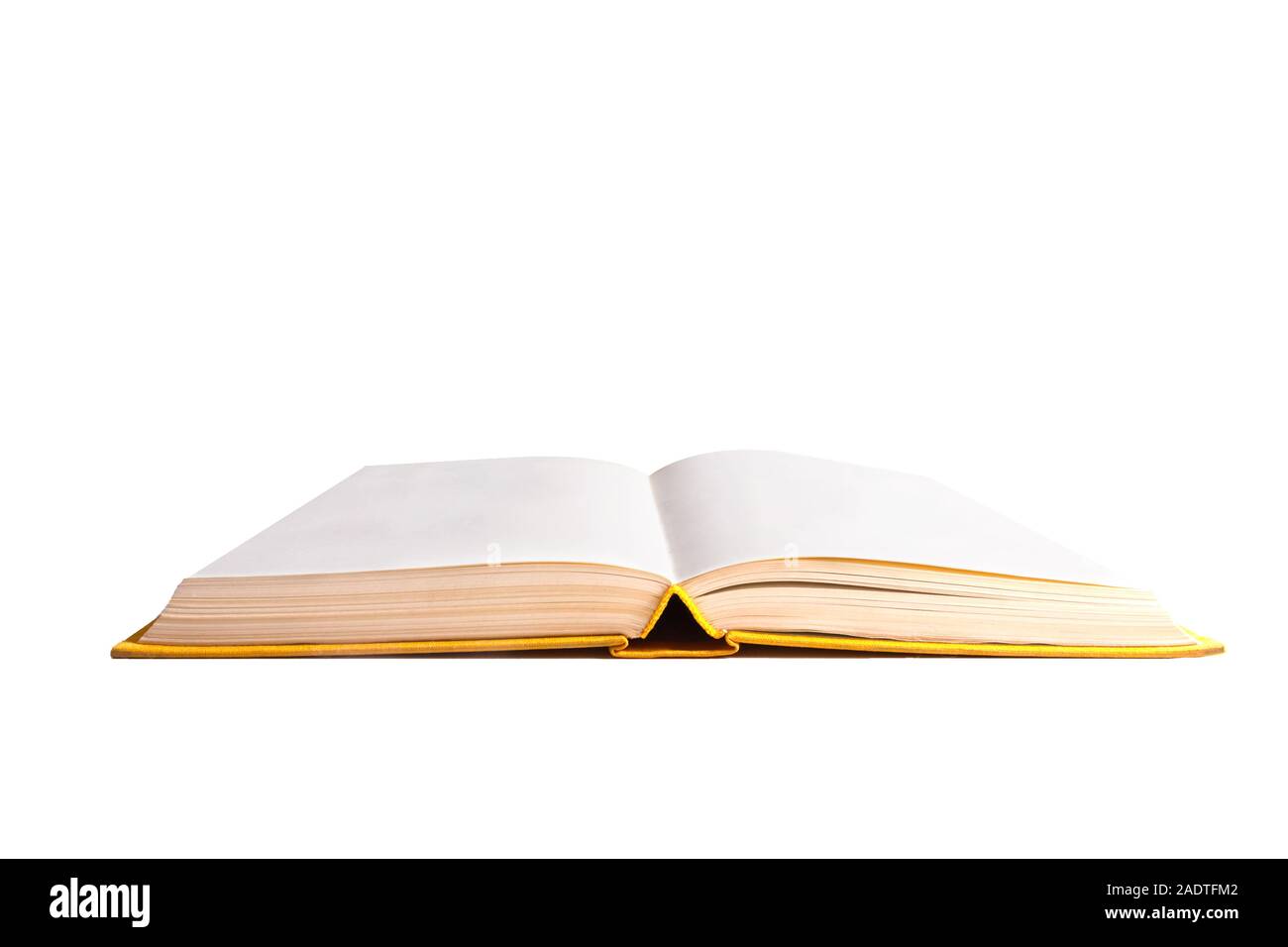 Isolated on white background open book with bright yellow book cover ...