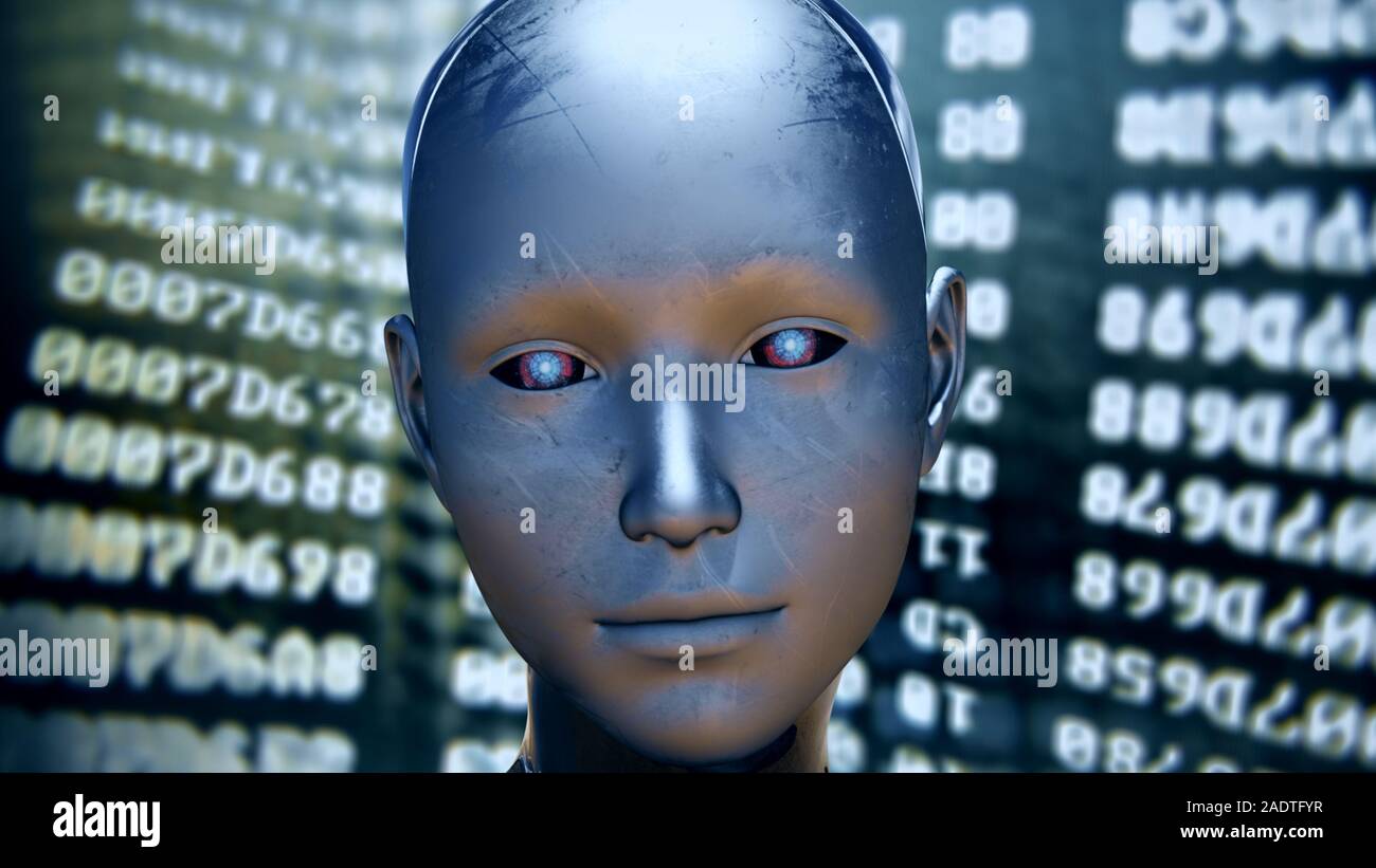 3D Illustration of a Humanoid Robot commonly called Android AI Digital Coding Encryption ...