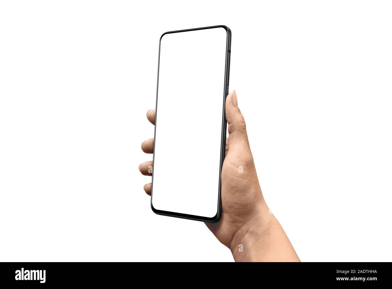 Hand showing modern smartphone without camera. Isolated background and ...