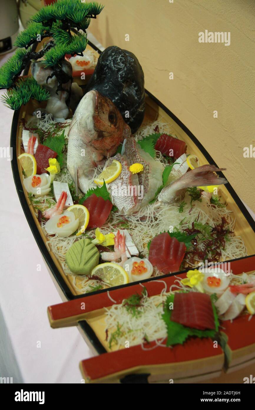 High angle shot of sashimi boat Stock Photo - Alamy