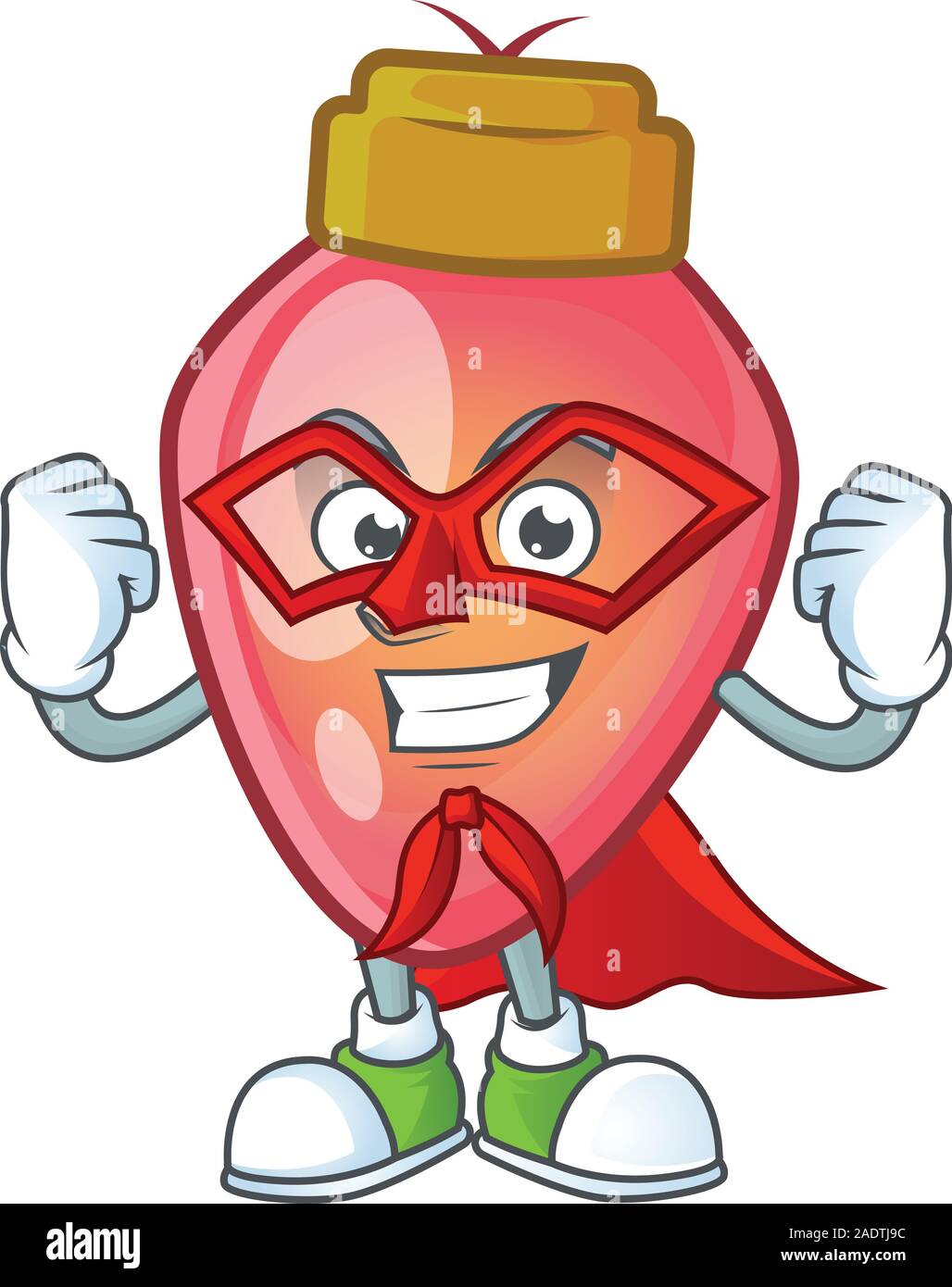 A cartoon of red christmas bulb wearing costume of Super hero Stock ...