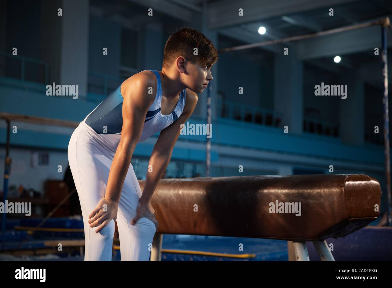 Little male gymnast training in gym, flexible and active. Caucasian fit ...