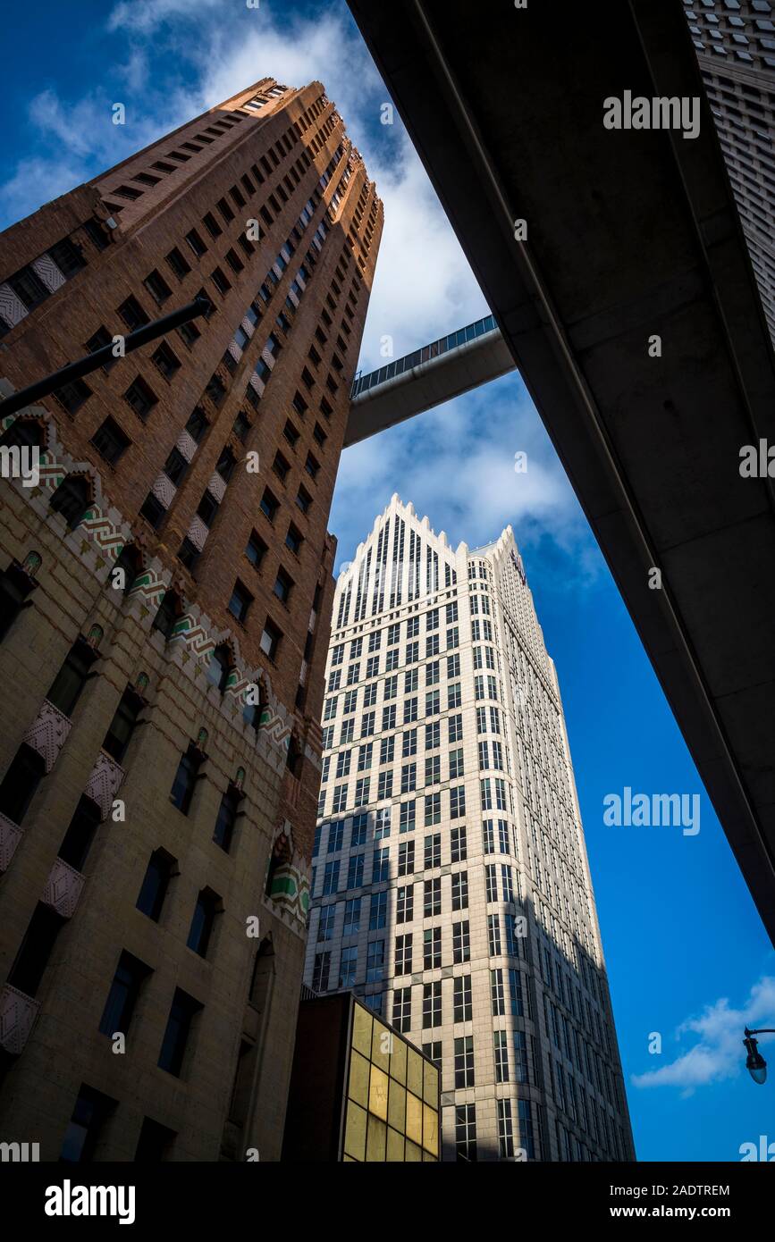 Ally Detroit Center, seen under the Detroit Skybridge, connecting the ...