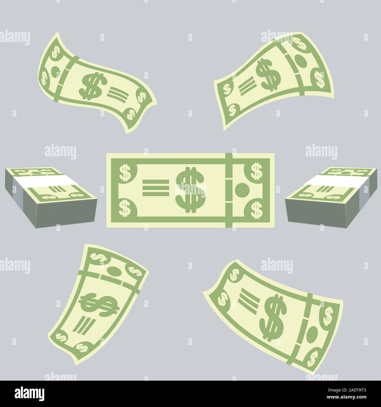 Set of cartoon banknotes in different positions flat and in bundles ...