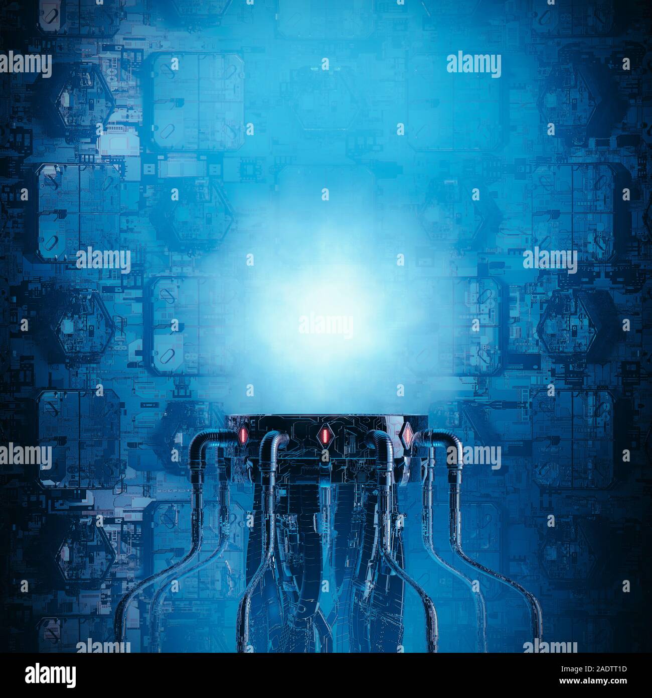 Science fiction pedestal / 3D illustration of dark futuristic machinery ...