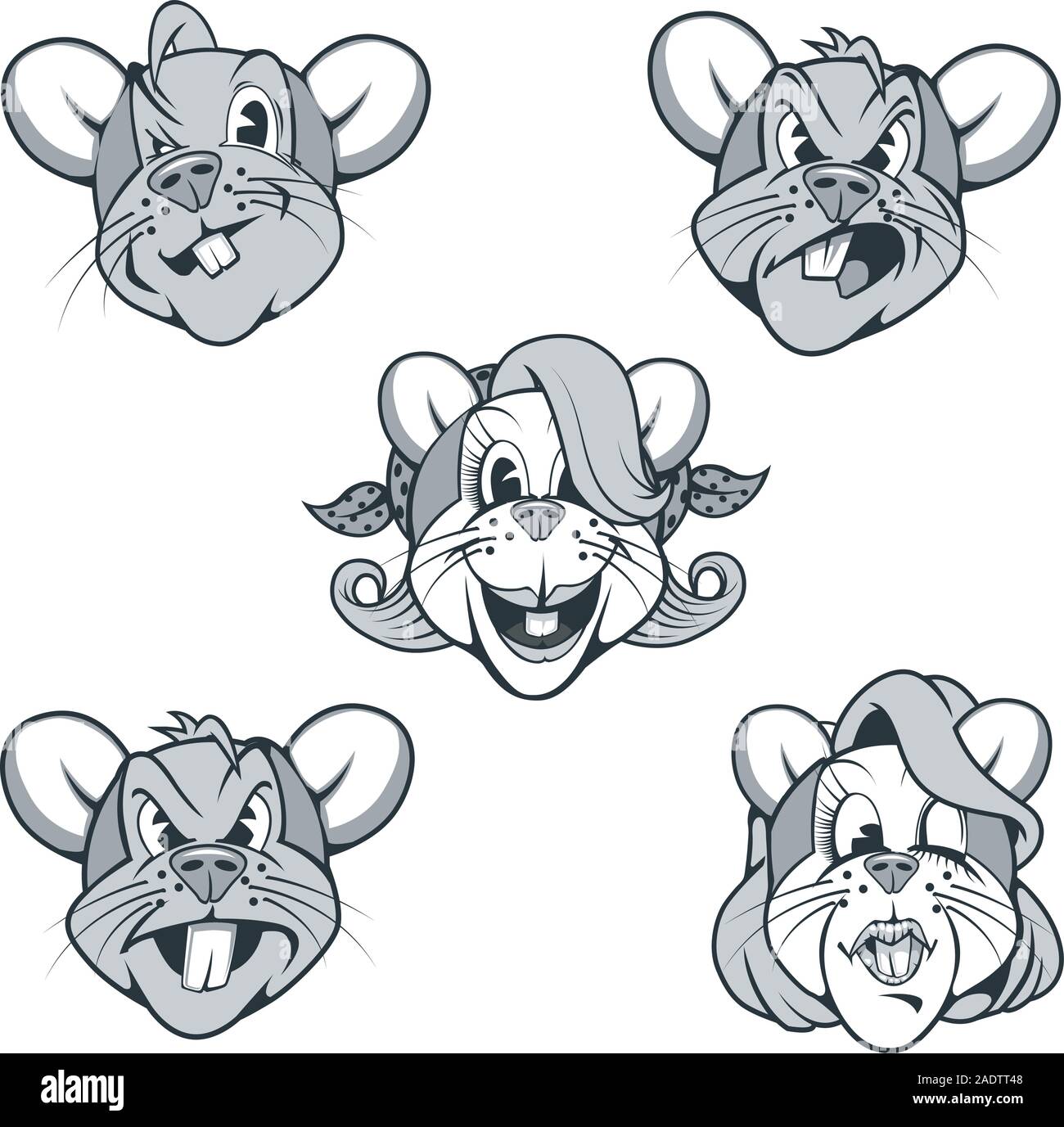 Five rat characters in cartoon style with different facial expressions ...