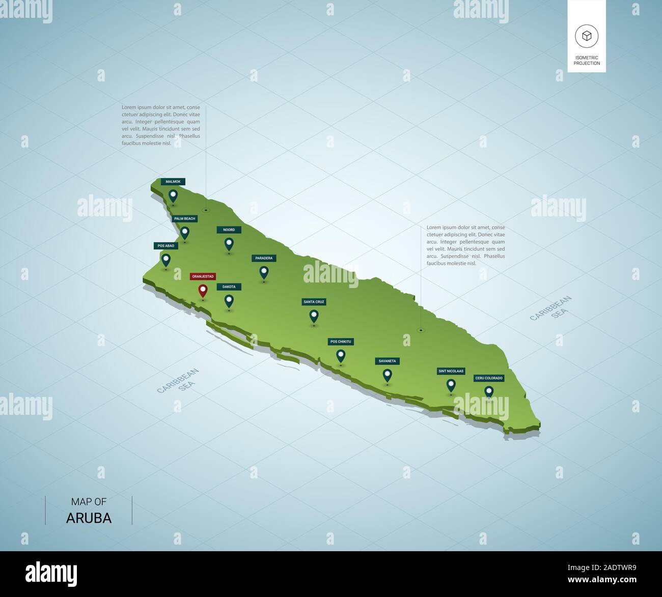 Stylized Map Of Aruba Isometric 3d Green Map With Cities Borders