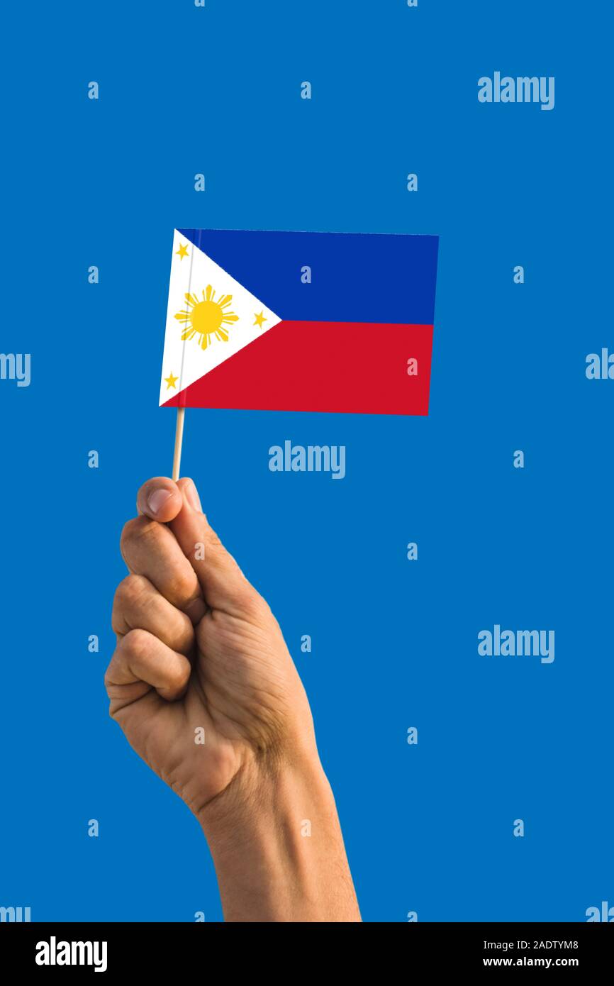 Woman hand holding Philippines flag with stick, waving flag on deep ...