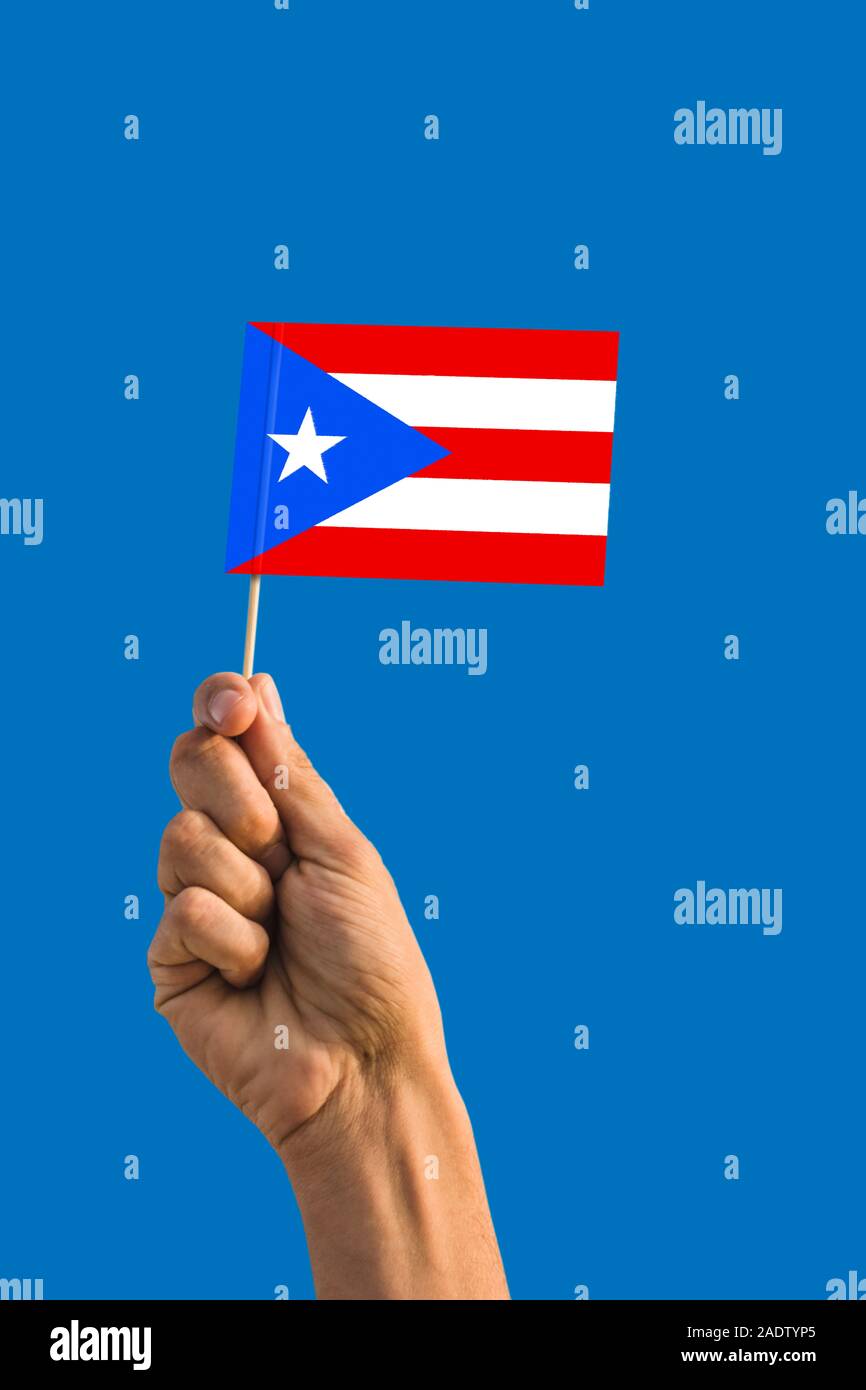 Woman hand holding Puerto Rico flag with stick, waving flag on deep ...