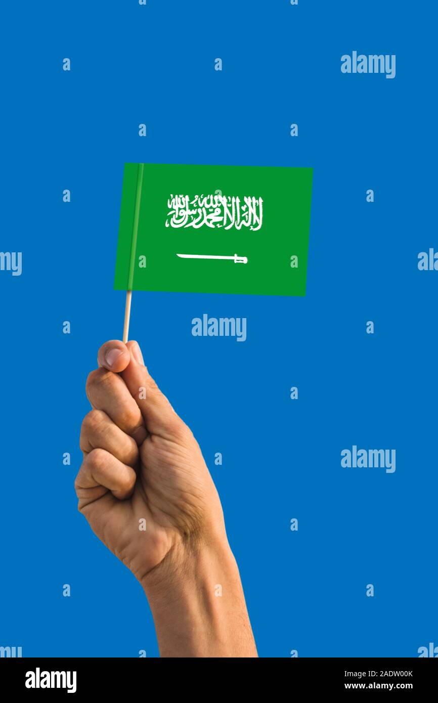 Woman hand holding Saudi Arabia flag with stick, waving flag on deep ...
