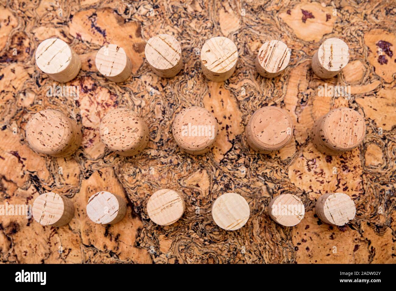 wine and champagne corks on natural untreated cork bark, concept ...