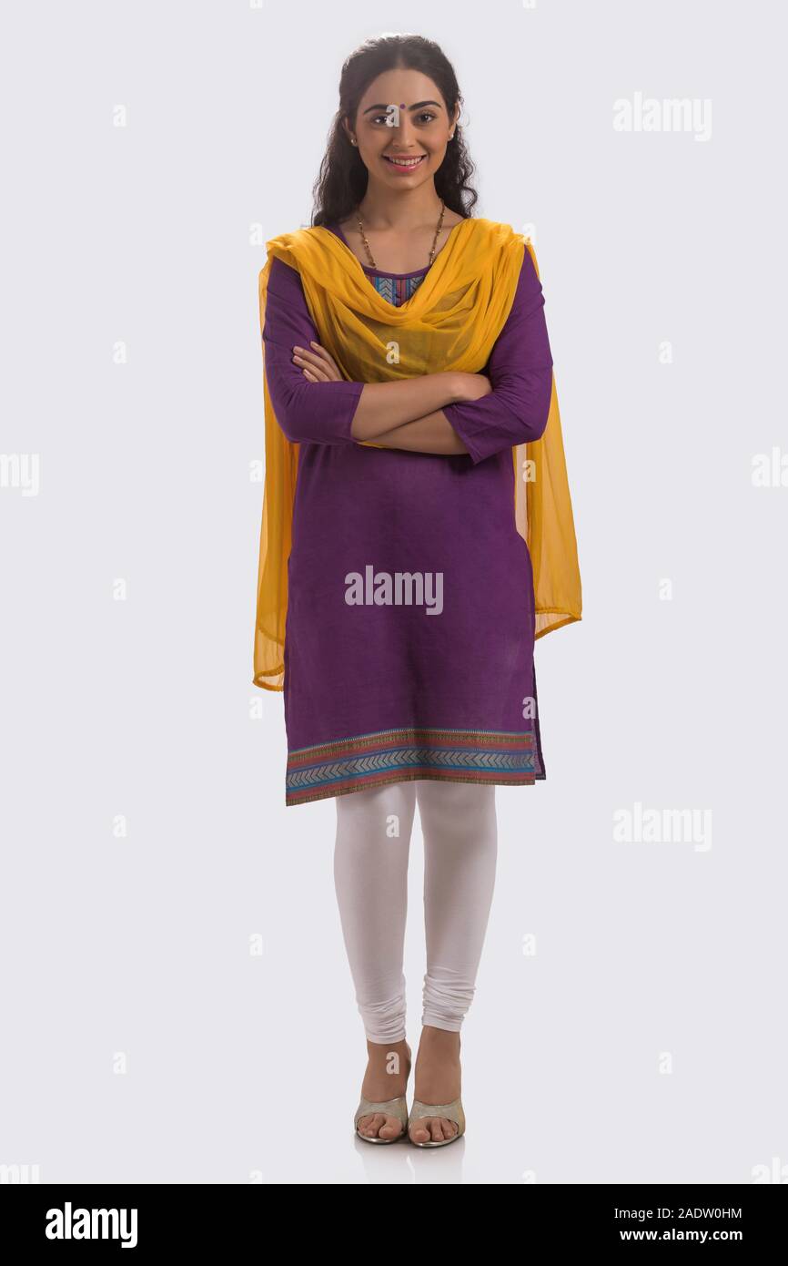 Happy single woman standing Stock Photo - Alamy