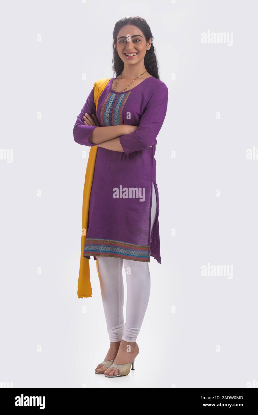 Happy single woman standing Stock Photo - Alamy