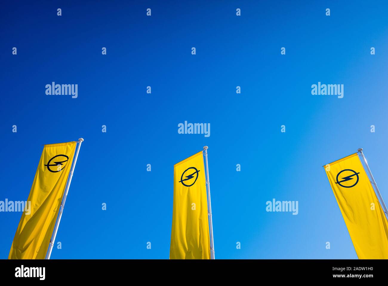 Valencia, Spain - December 3, 2019: Opel logo in a car sales shop in ...