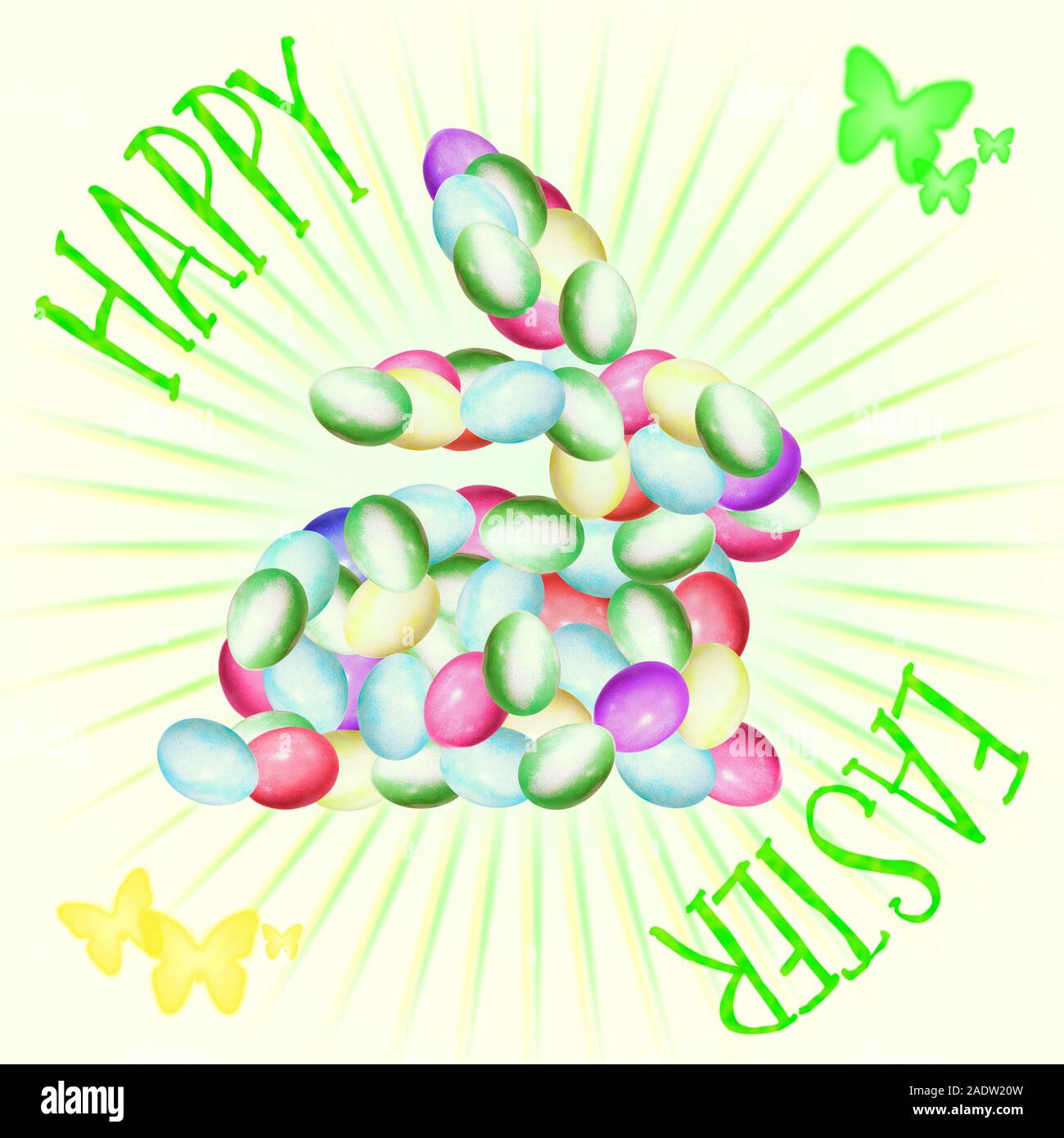 Square easter greeting card, bunny shape with easter eggs and ...