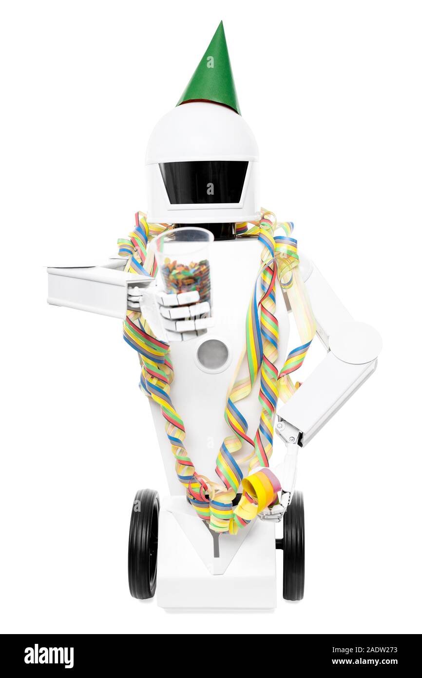 cute robot with carnival party decoration, isolated in front of white ...