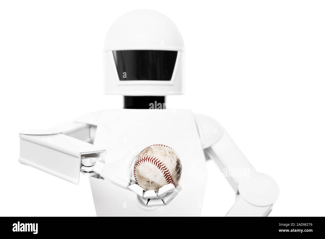 service robot with baseball in his hands, in front of white background ...