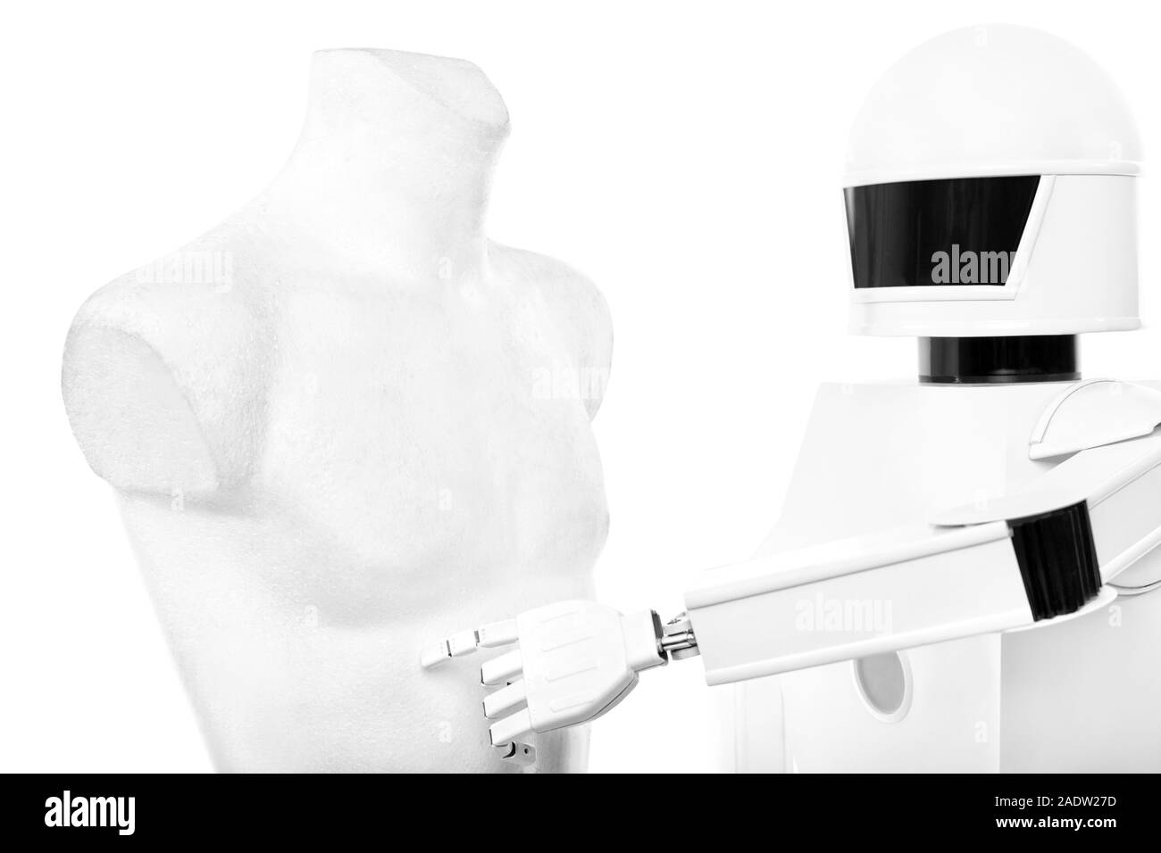 robot is collecting datas from an human puppet, by touching the skin ...