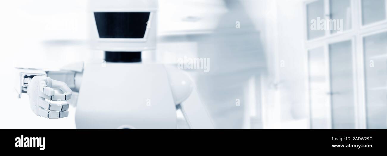 autonomous service robot in front of an empty room, with lot of ...