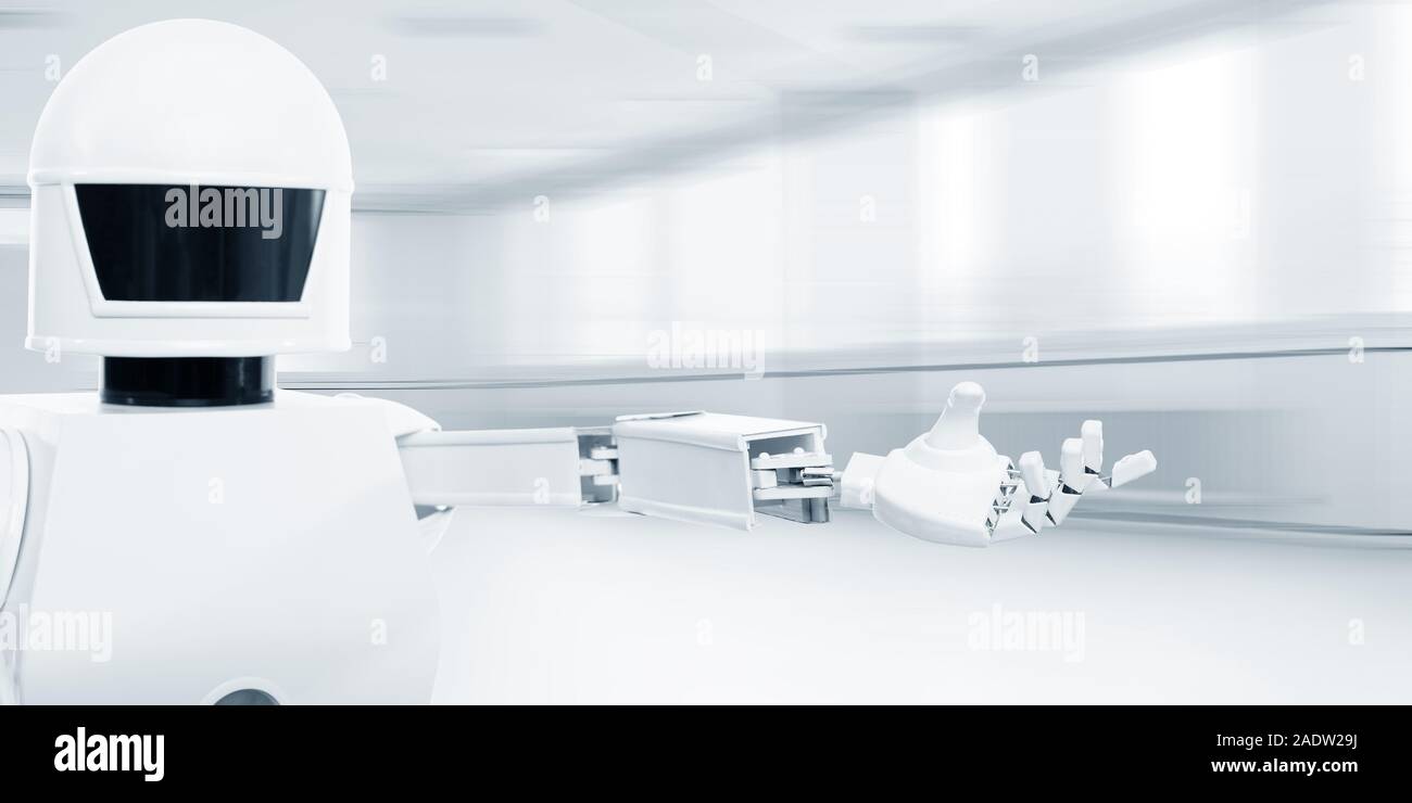 autonomous service robot in front of an empty room, with lot of ...
