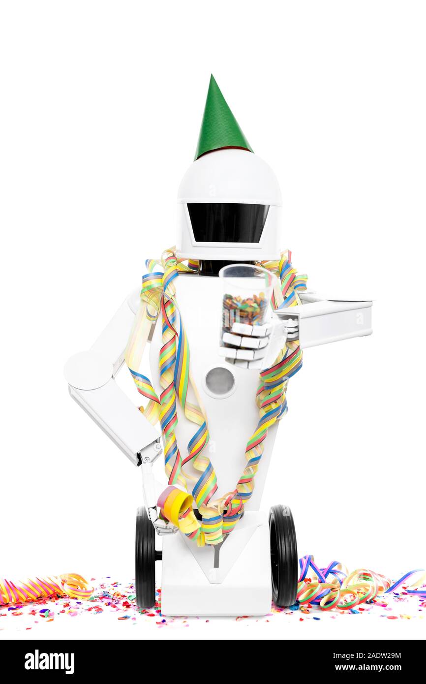 cute robot with carnival party decoration, isolated in front of white ...