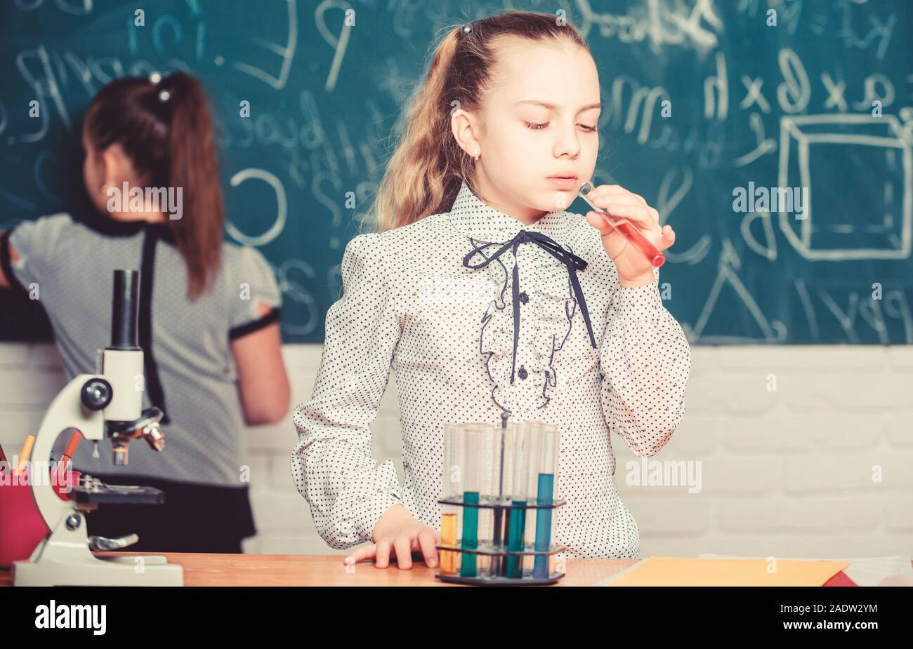 Preparing to exams. Chemistry research. Little girls in school lab ...