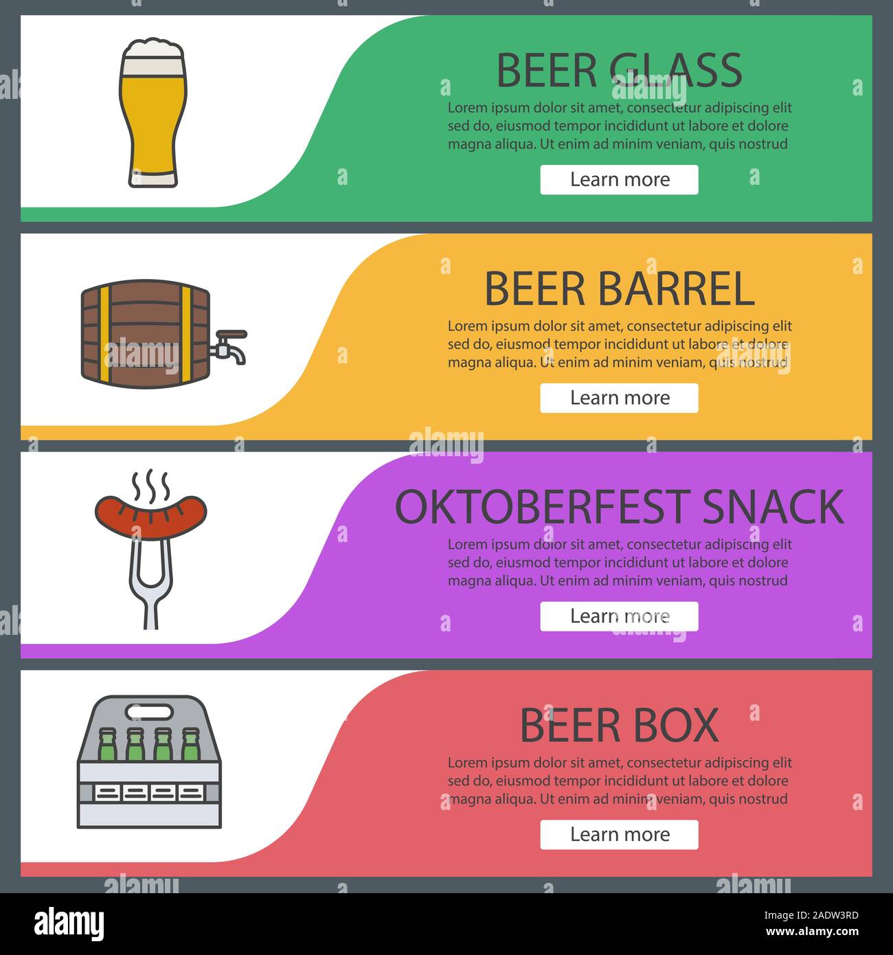 Beer banner templates set. Beer glass, barrel and box, sausage on fork ...