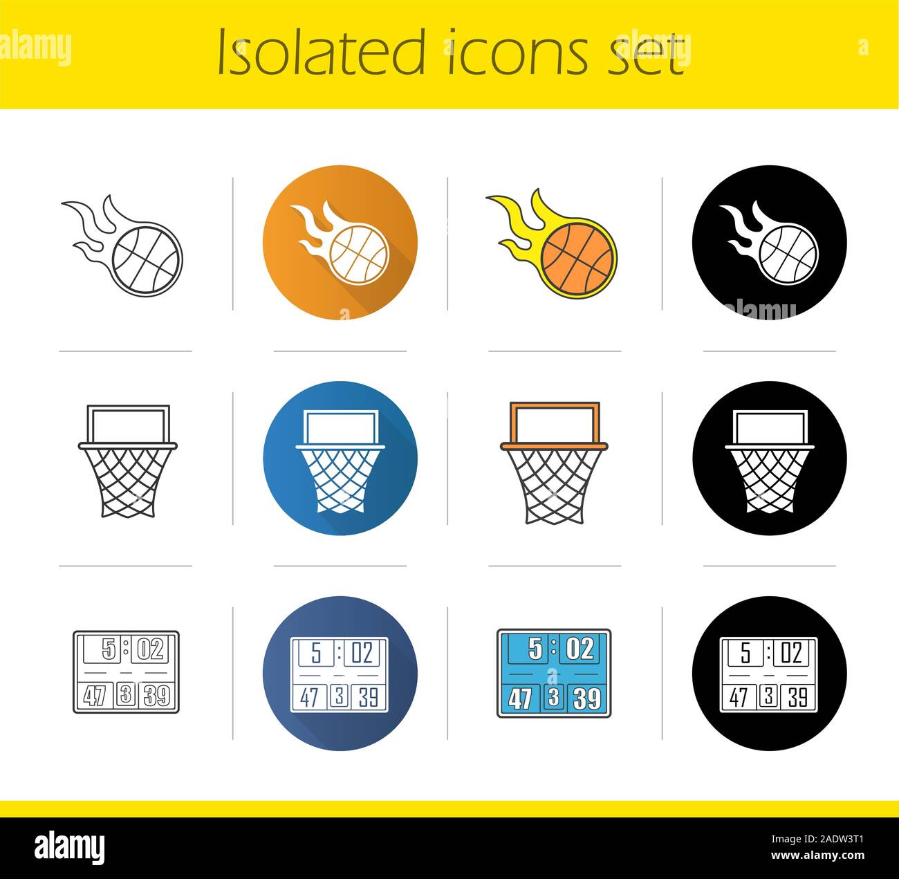 Basketball icons set. Flat design, linear, black and color styles ...
