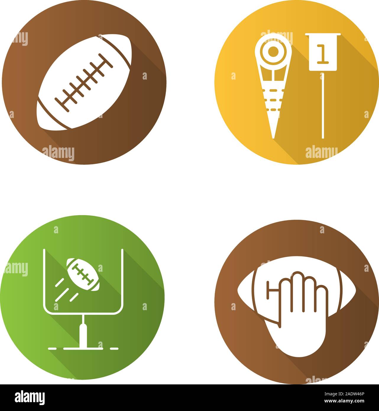 American football flat design long shadow icons set. Hand holding rugby ...
