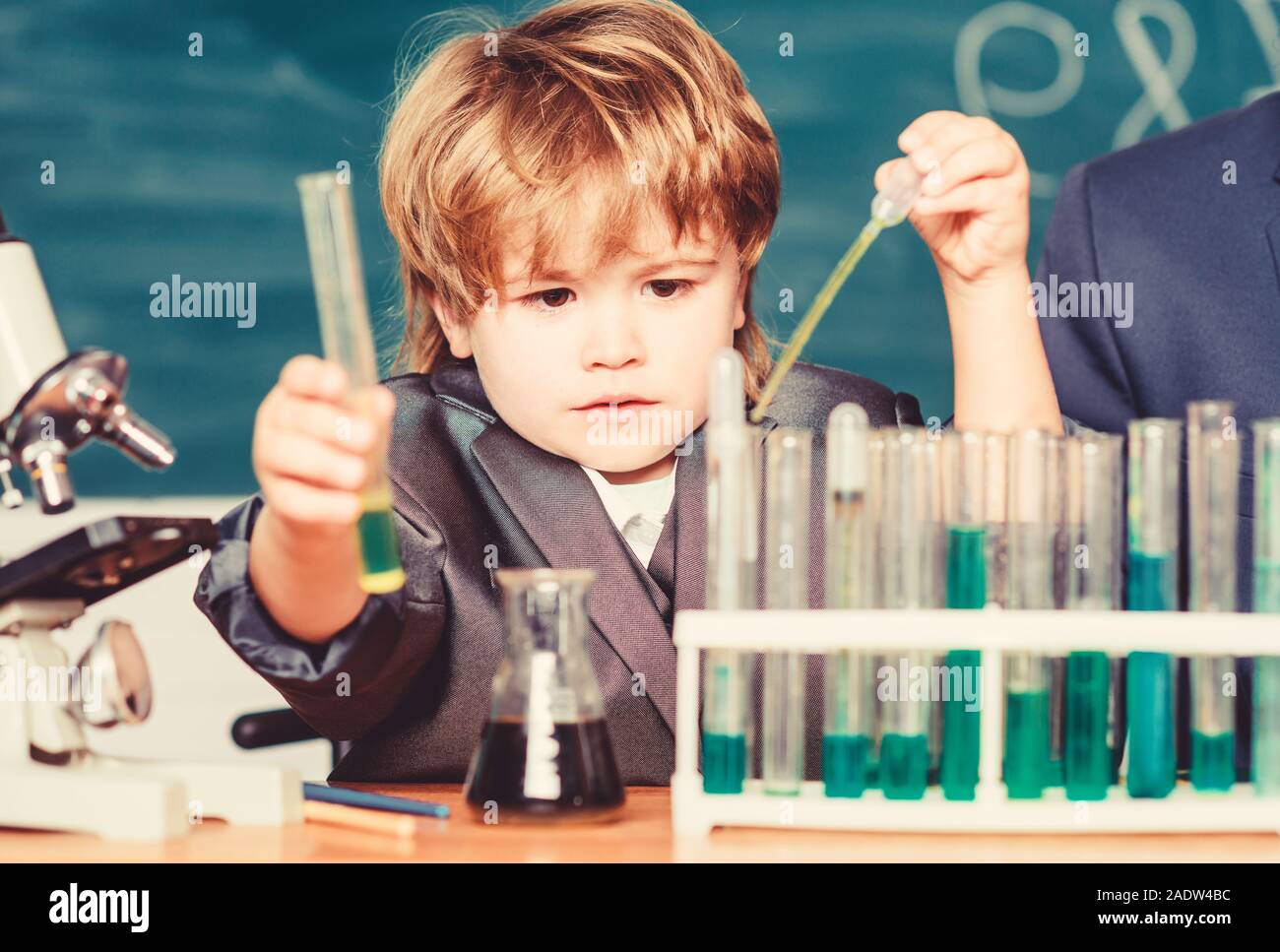 Pupil looking at testing tubes in the elementary school. kid in lab ...
