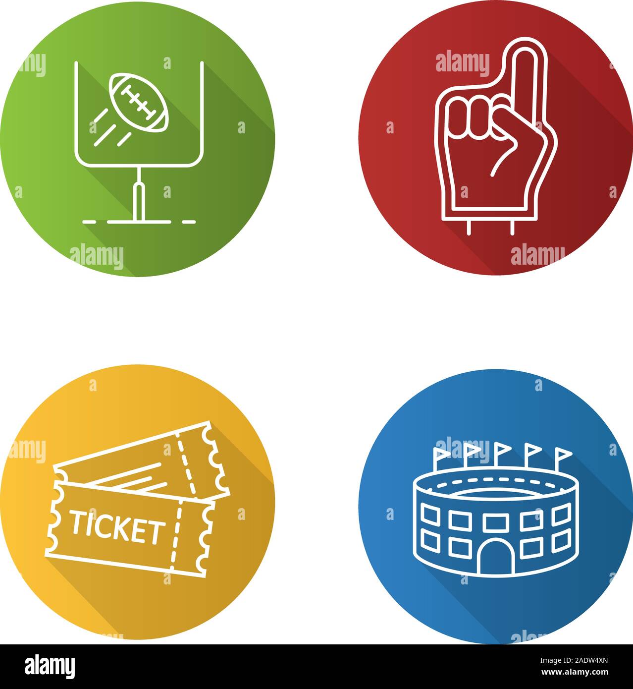 American football flat linear long shadow icons set. Foam finger, game ...