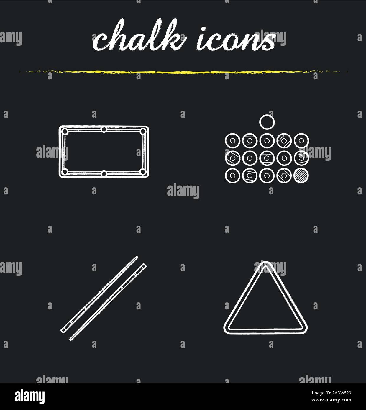 Billiard equipment chalk icons set. Billiard balls, table, cues and ...