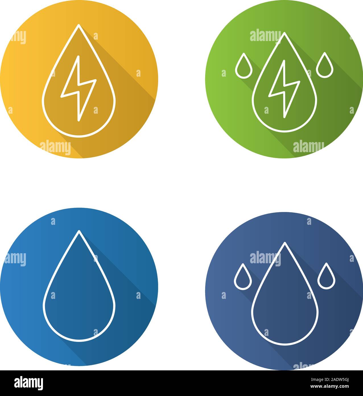 Water energy flat linear long shadow icons set. Water drops. Hydro ...