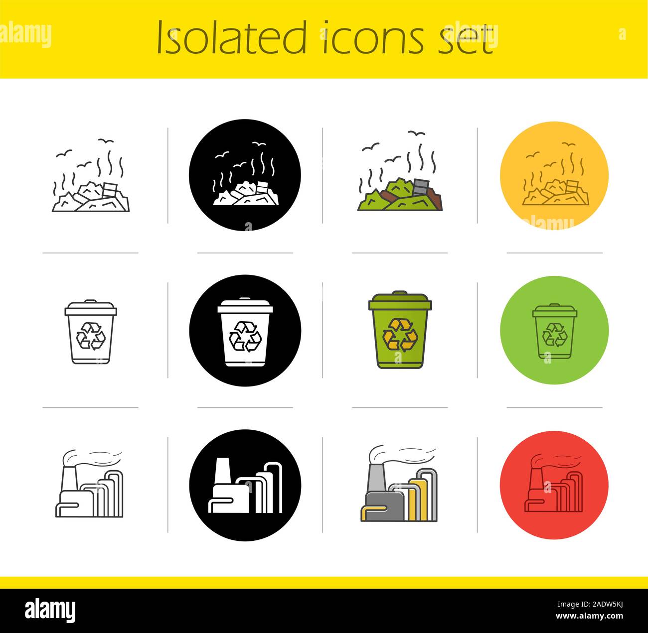 Waste management icons set. Linear, black and color styles. Recycle bin ...