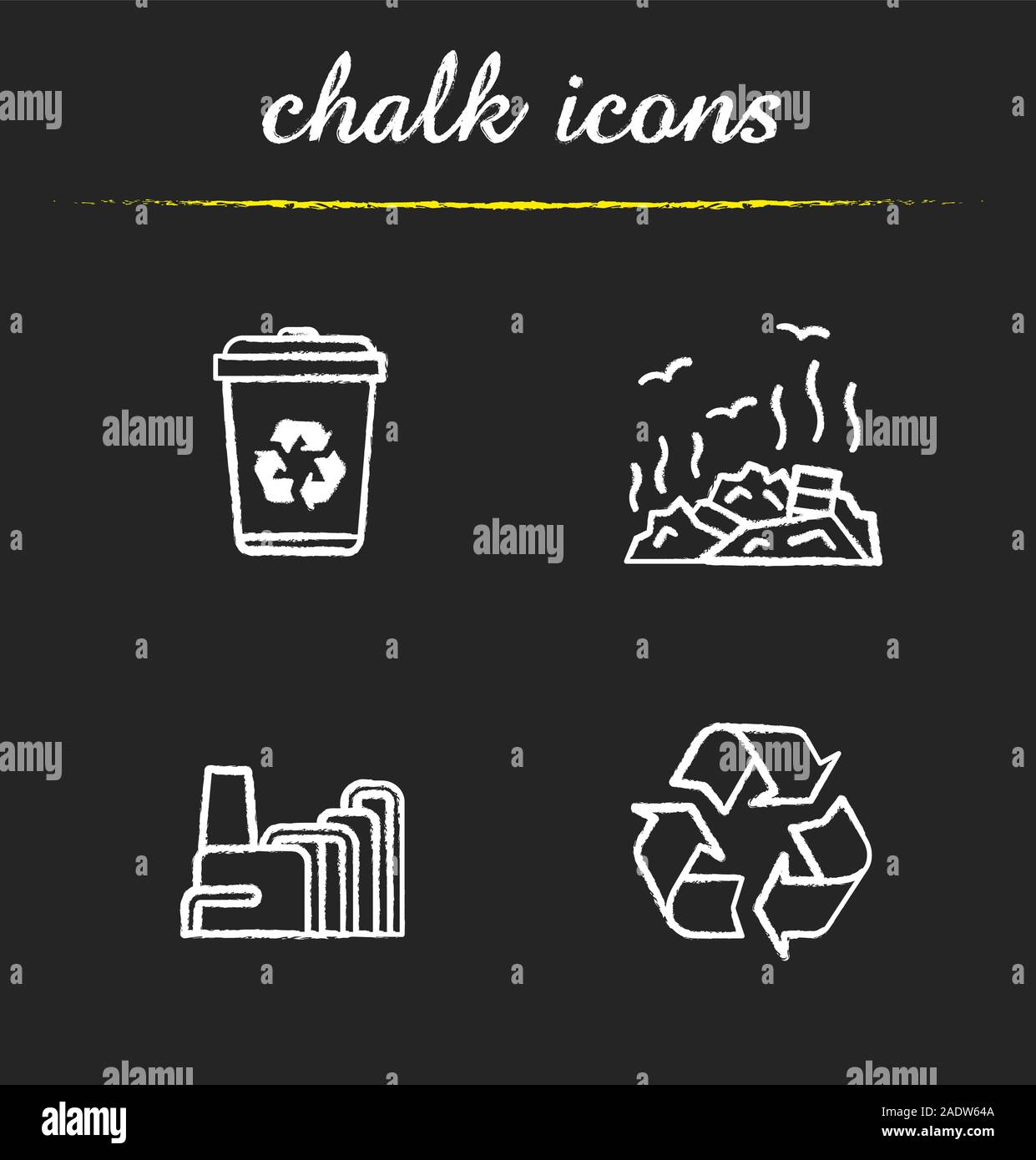 Waste management chalk icons set. Recycle bin symbol, rubbish dump ...