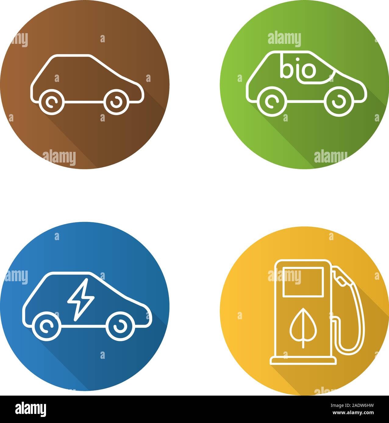 Eco friendly cars. Flat linear long shadow icons set. Bio, electric ...